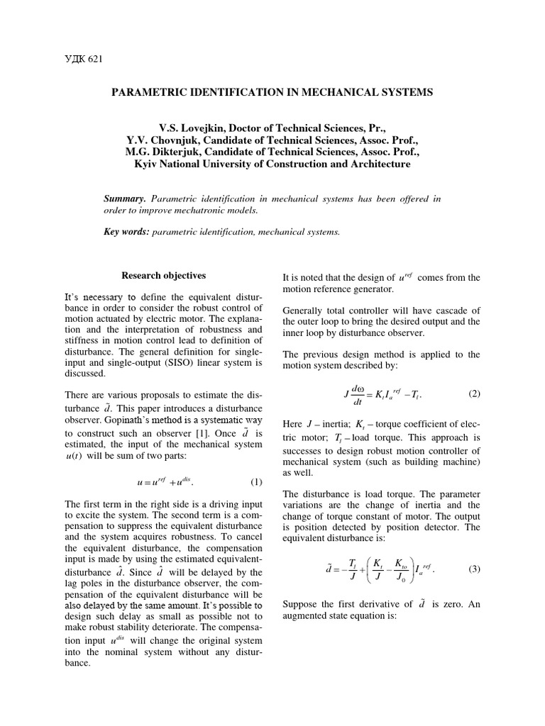 Parametric Identification in Mechanical Systems | PDF | Force | Feedback Parametric Identification in Mechanical Systems | PDF | Force | Feedback