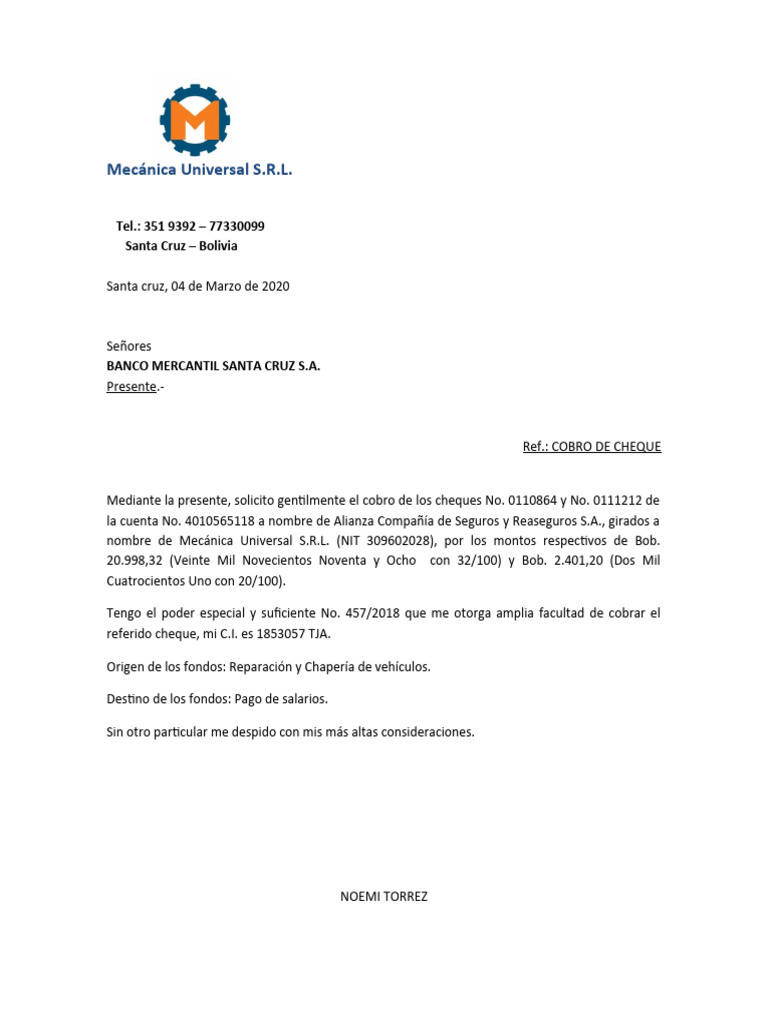 Carta Cobro Cheque Bms Mecanica Univ | PDF