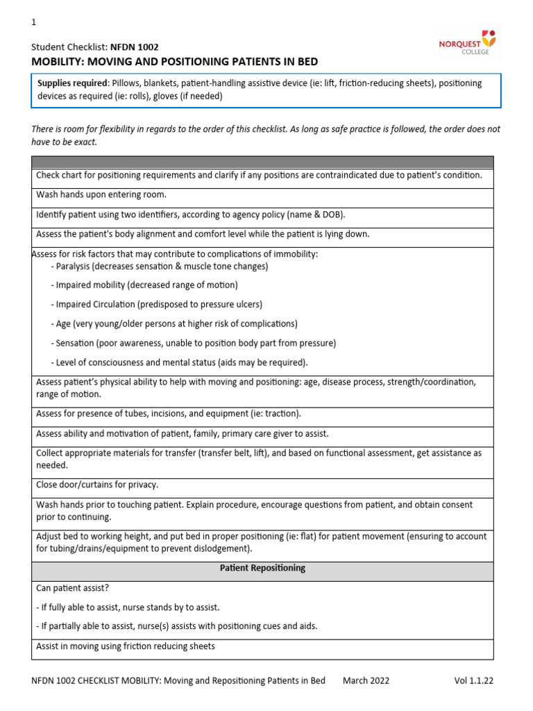 Patient Mobility and Positioning Checklist | PDF | Anatomical Terms Of ...