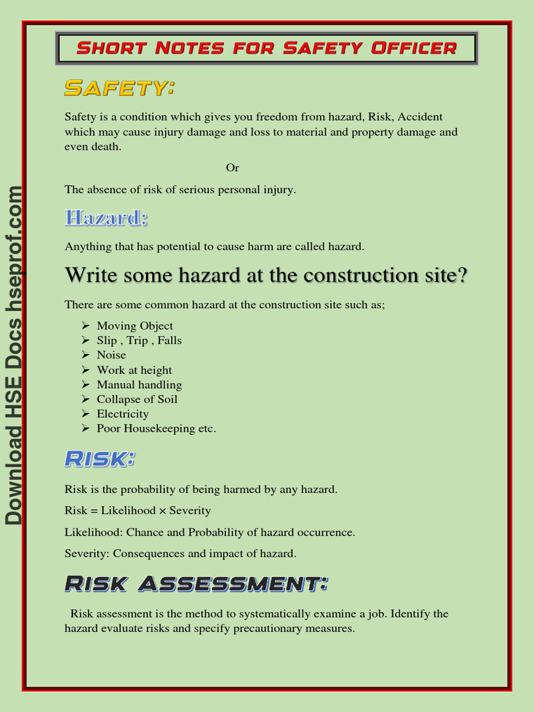 Short Note For Safety Officer | PDF | Risk | Risk Assessment