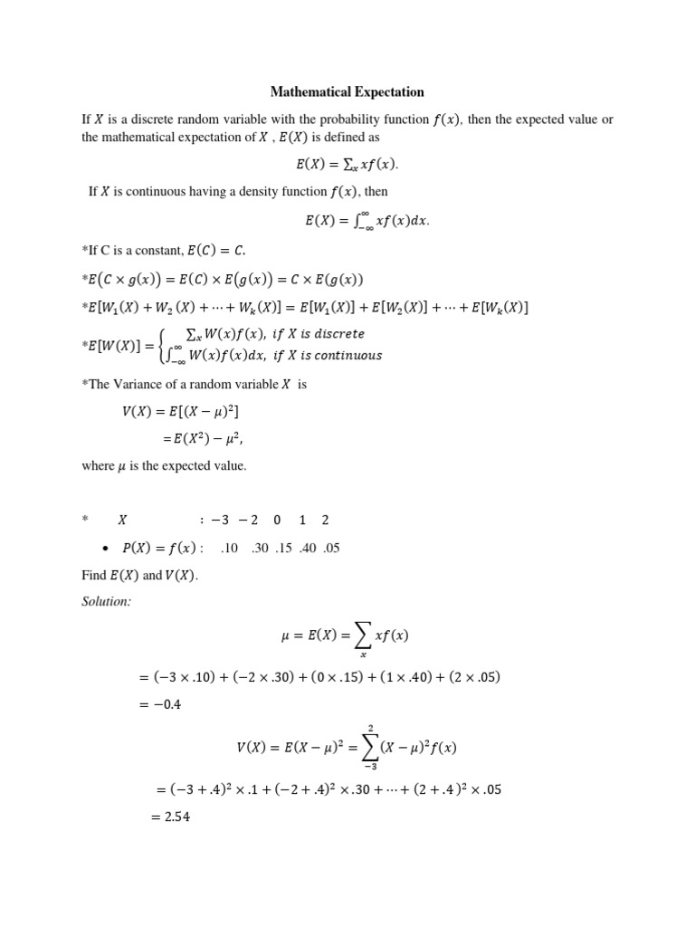 Mathematical Expectation And Others Pdf Expected Value