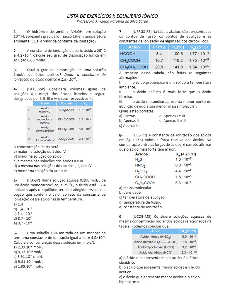 Exercicios Equilibrio Ionico | PDF | Ácido | Constante de acidez