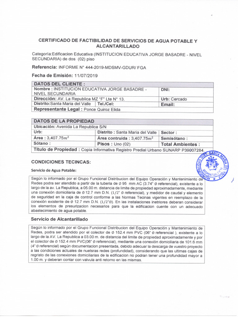Certificado Factibilidad de Ague y Desague | PDF