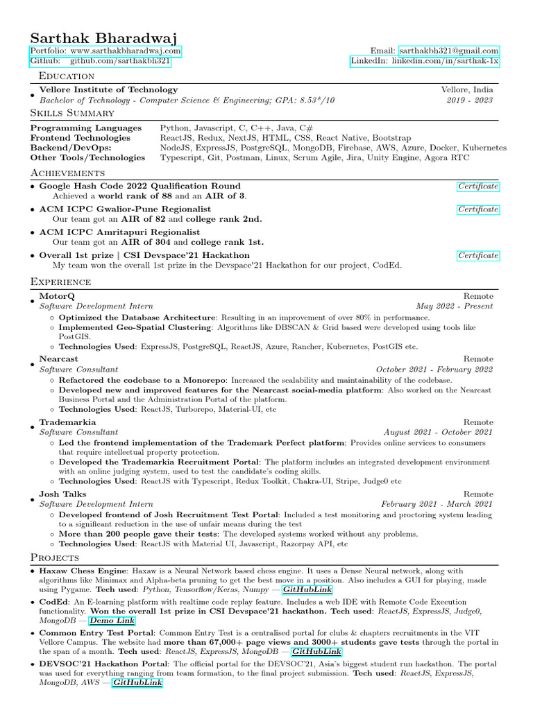 (Resume) Sarthak Bharadwaj | PDF | Computing | Software Industry