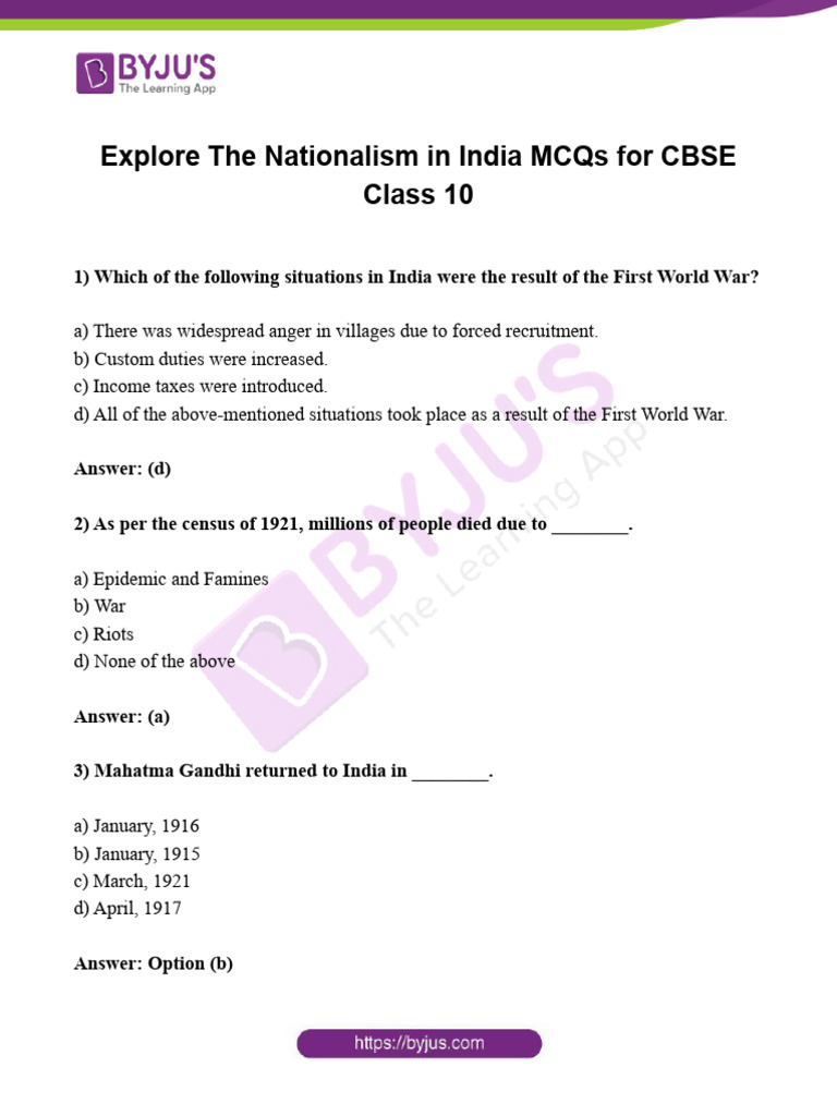 Nationalism in India MCQs for Class 10 | PDF