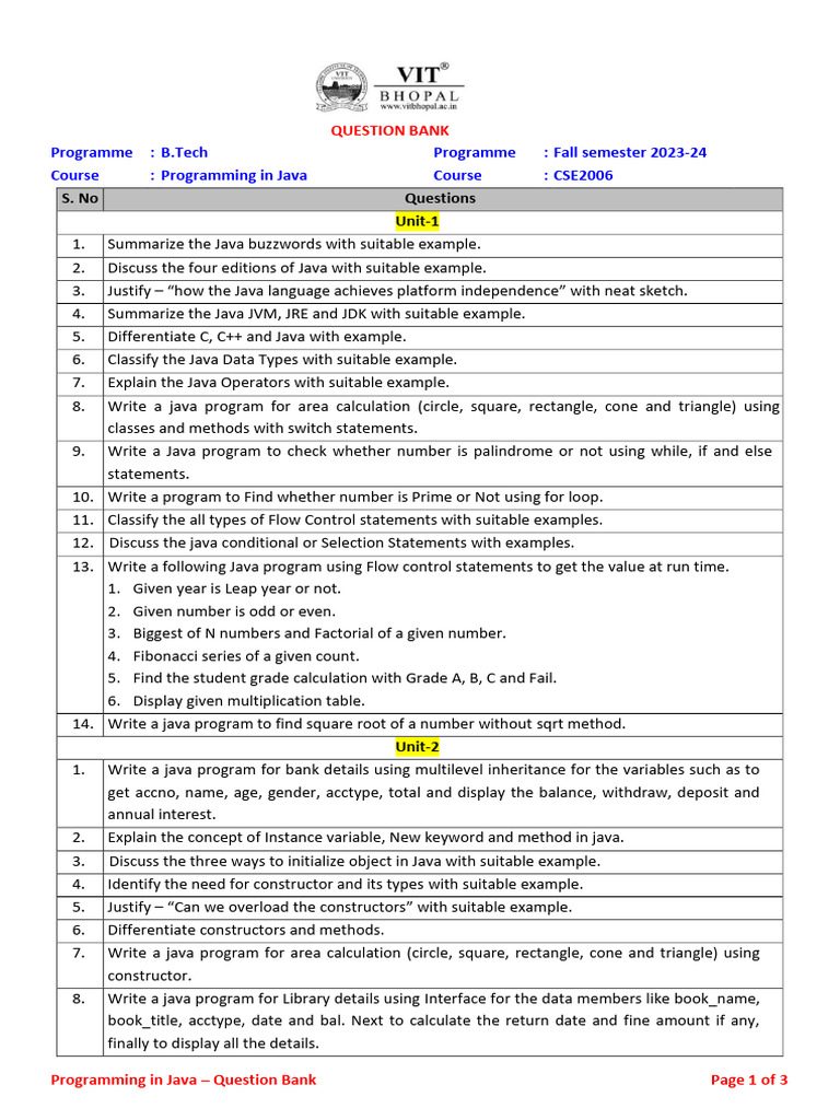 Cse2006 Java Qs Bank All Modules Pdf Method Computer Programming Class Computer 3659