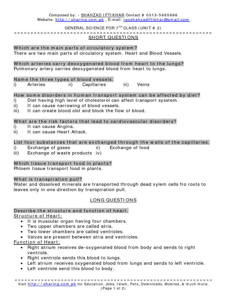 7 Science Unit 2 - New | PDF | Heart | Artery