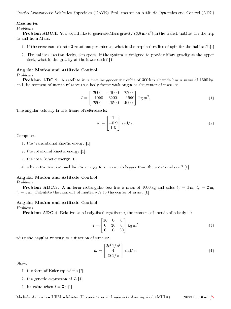 2023.03.10 Problem Set Angular Motion Attitude Control Handouts | Download Free PDF | Applied ...