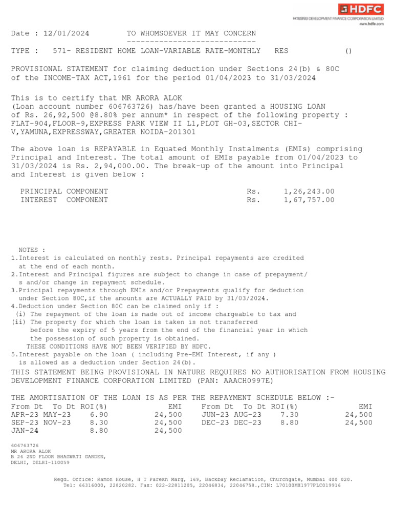 Interest Certificate HDFC | PDF | Loans | Interest