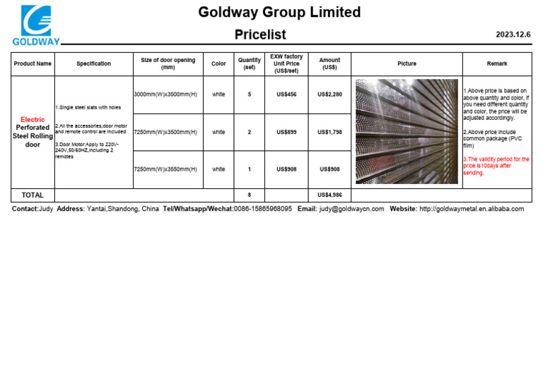 Goldway Group Electric Rolling Door Pricelist | PDF | Manufactured Goods
