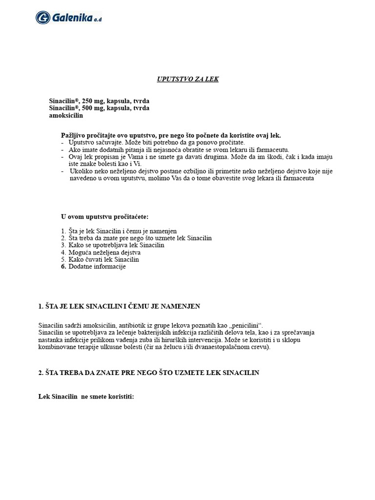 Uputstvo_Sinacilin®_500mg_kapsula_Mart2022- | PDF