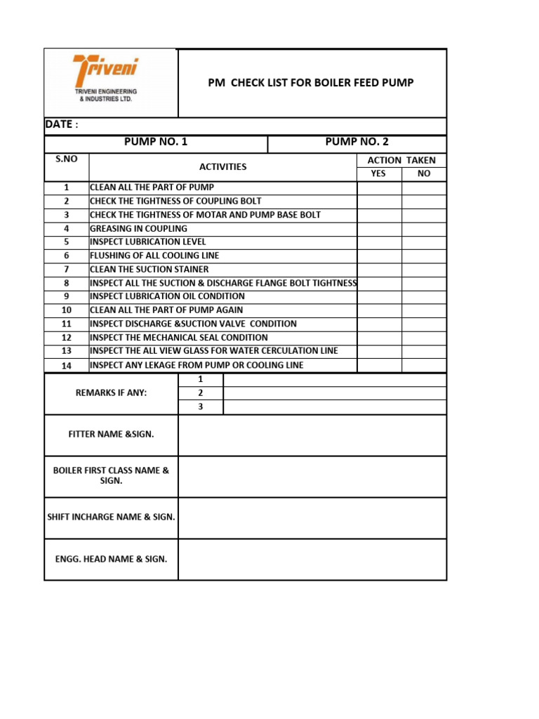 Boiler Feed Pump Maintenance Checklist | PDF