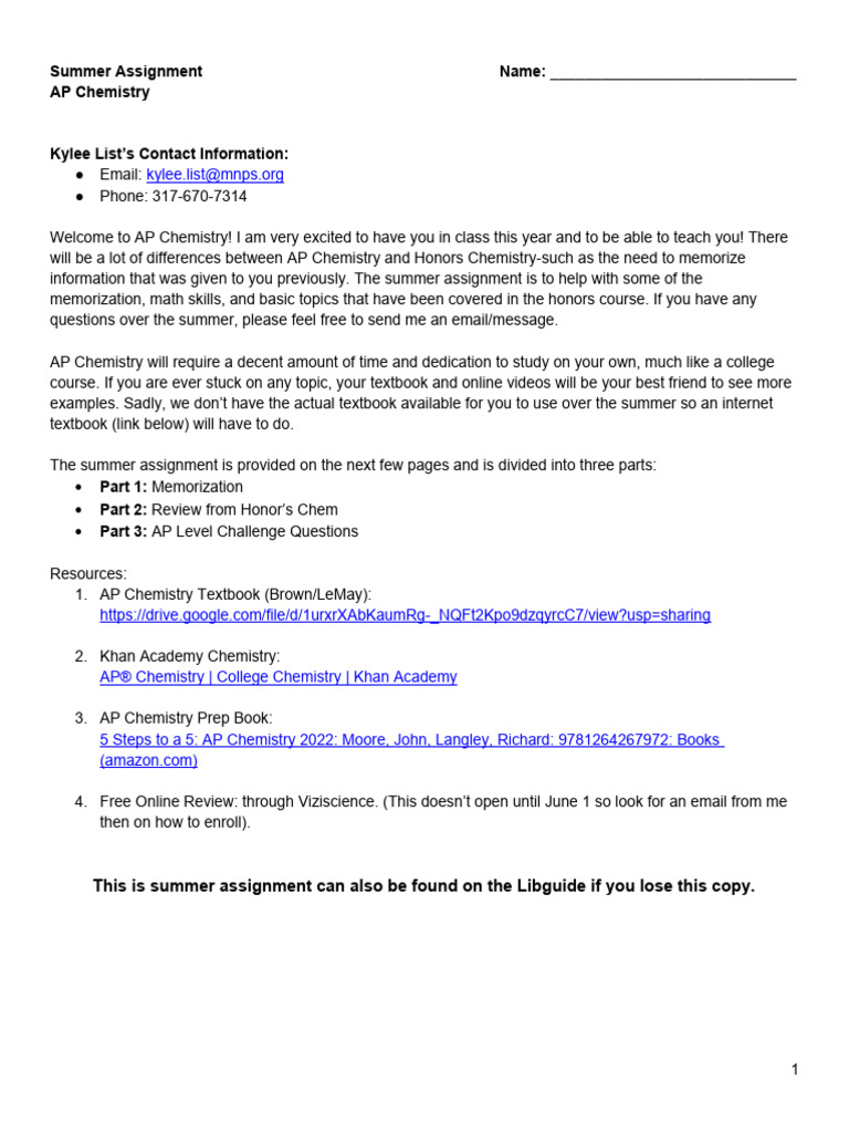 AP Chem Summer Assignment | PDF | Mole (Unit) | Stoichiometry