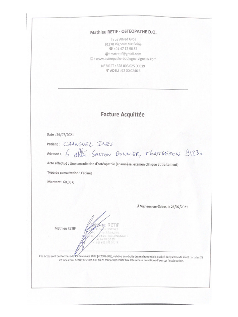Facture Ostéopathe | PDF