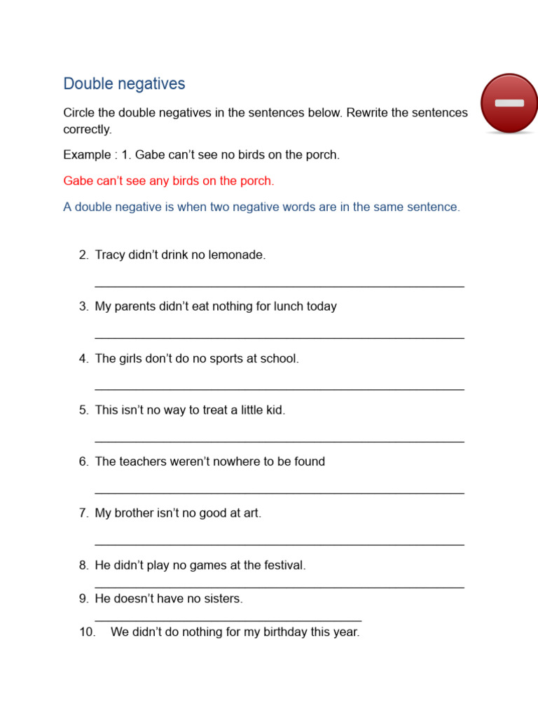 Double Negatives Worksheet | PDF