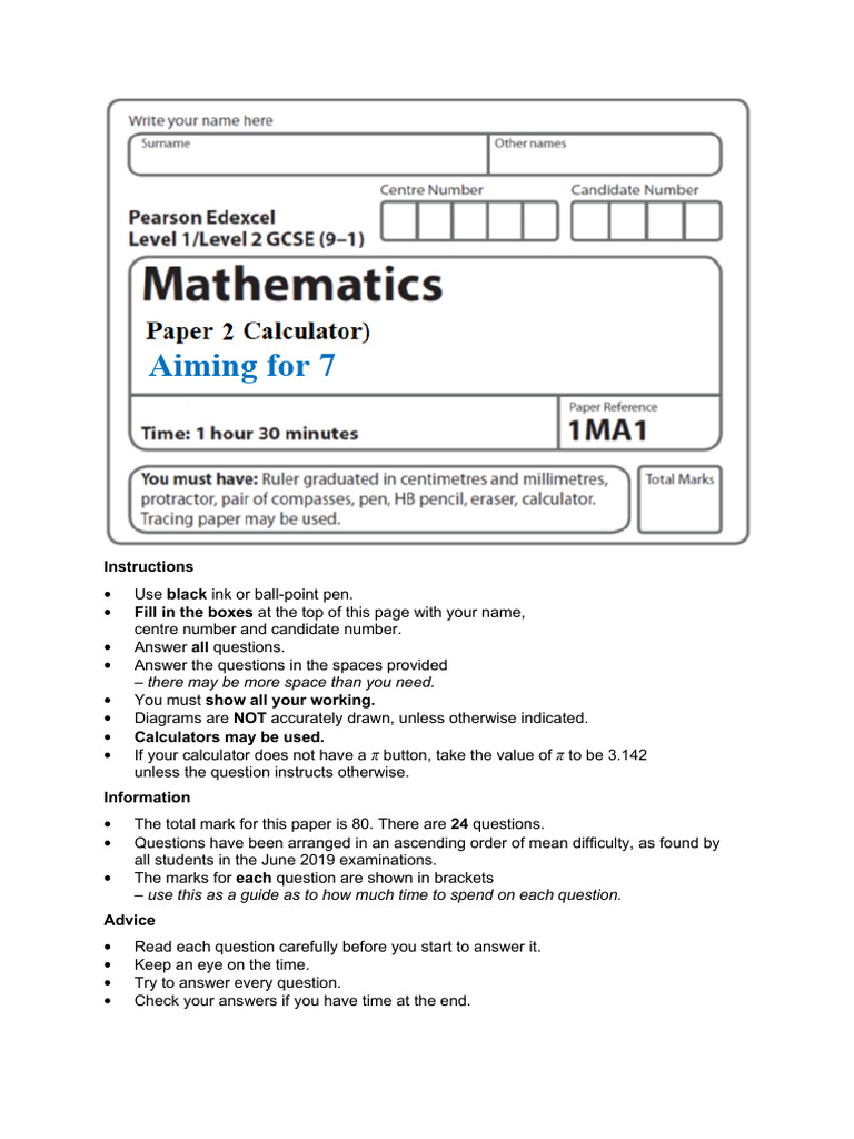 Aiming For 7 (Set 1) Practice Paper 2 Calculator | PDF | Area | Mathematics
