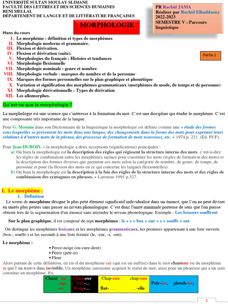 Morphologie et Morphèmes en Français | PDF | Genre grammatical ...