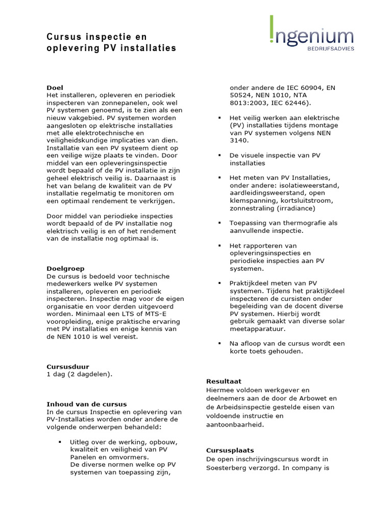 Cursus Inspectie en Oplevering PV Installaties | PDF