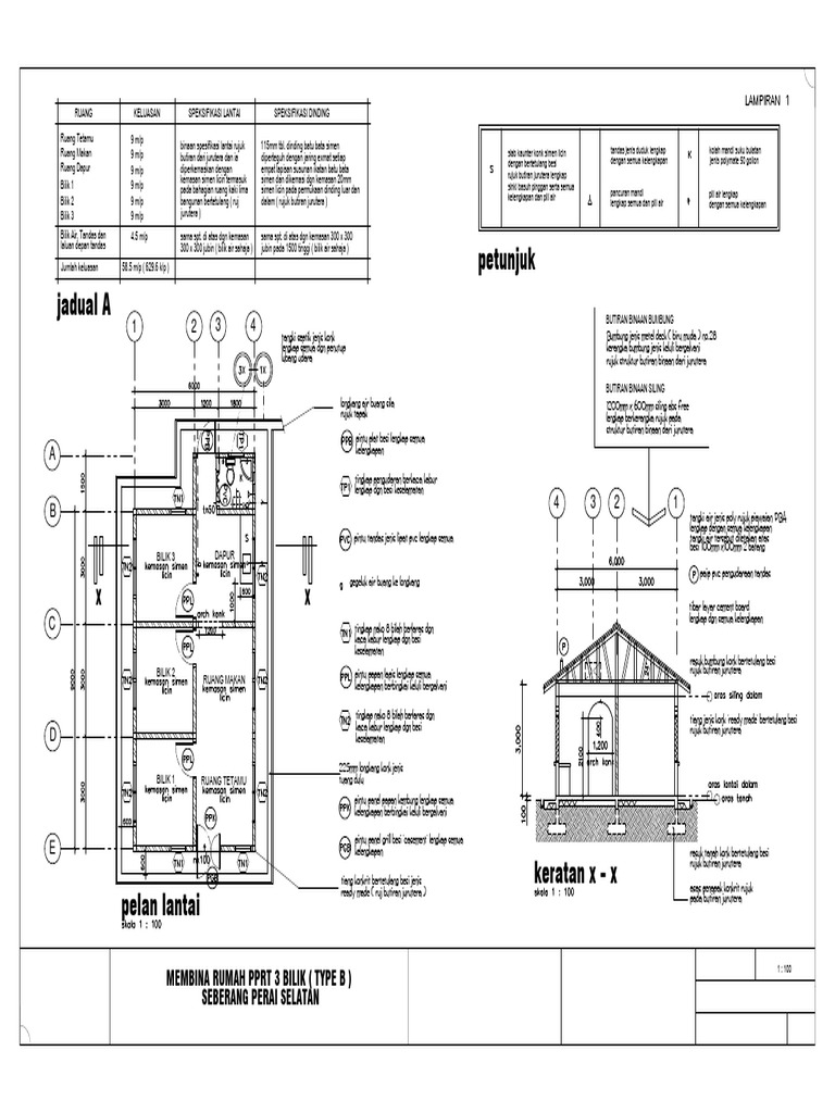 Spesifikasi - Membina Rumah PPRT 3 Bilik 2023 Type B Lampiran 1.dwg | PDF