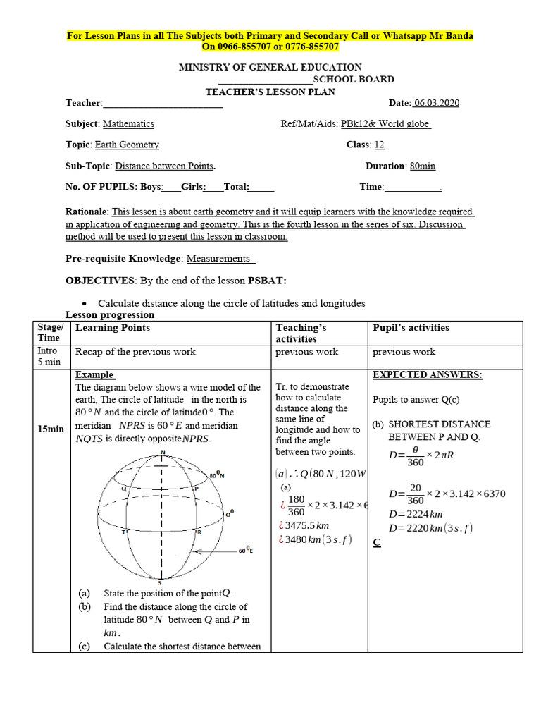 g12 Maths Sample Lesson Plan | PDF | Longitude | Latitude