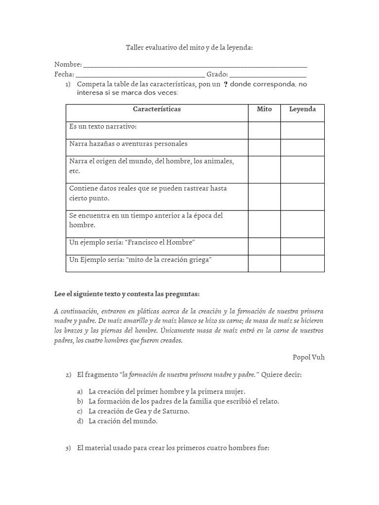 Taller Evaluativo Del Mito y de La Leyenda | PDF | Libros para adolescentes