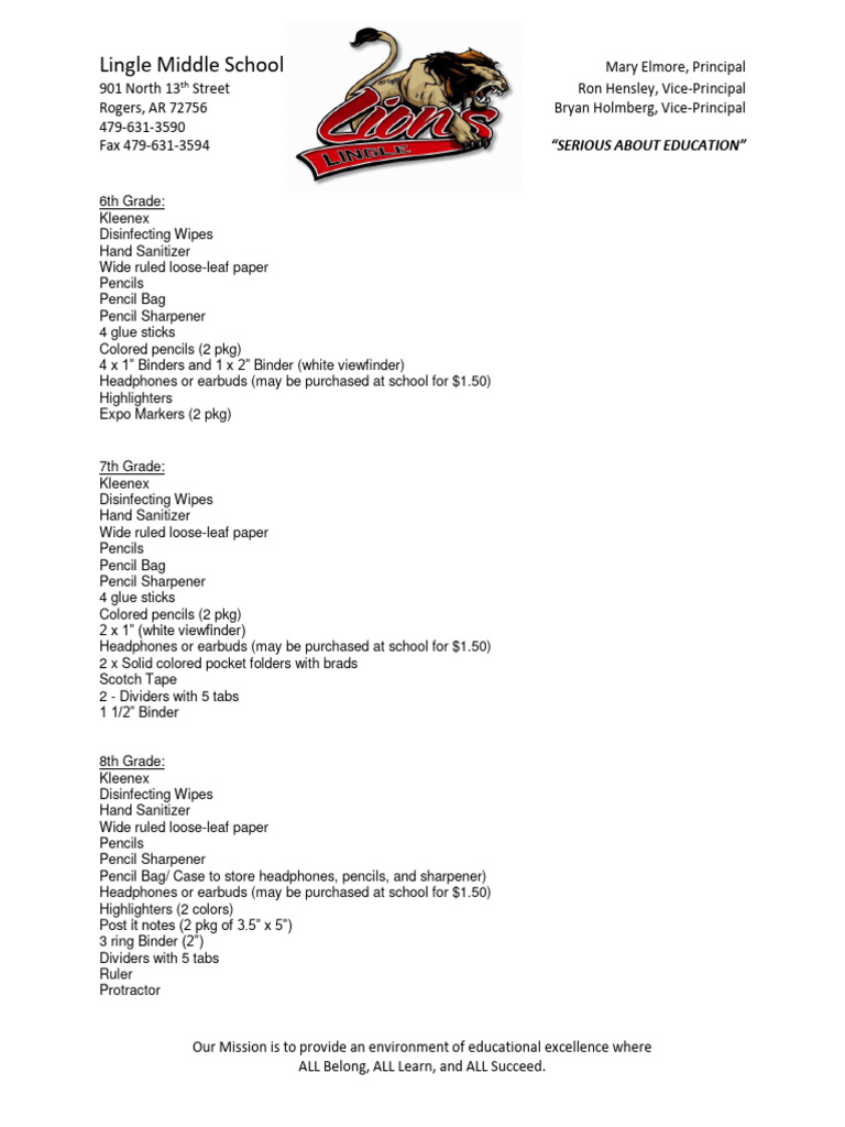 Lingle Middle School Supply List 2019-20 | PDF