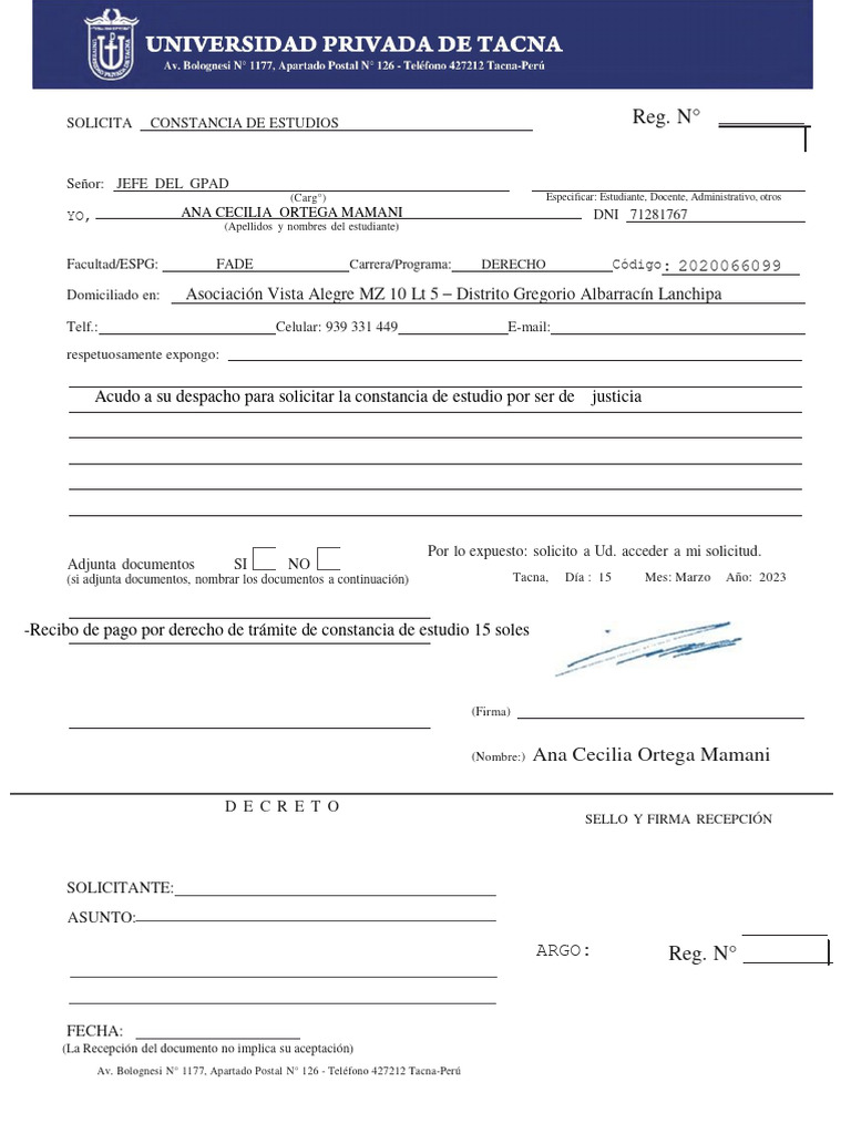 Fut - Ana Cecilia Ortega Mamani - Solicito Constancia de Estudio - Marzo | PDF