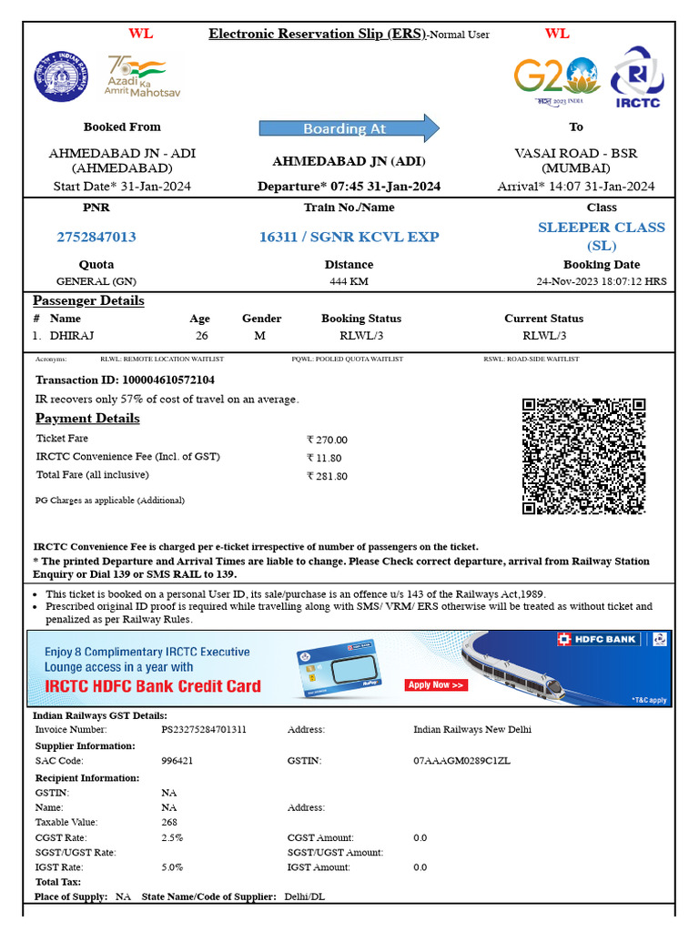 Electronic Reservation Slip for Train Ticket | PDF | Identity Document