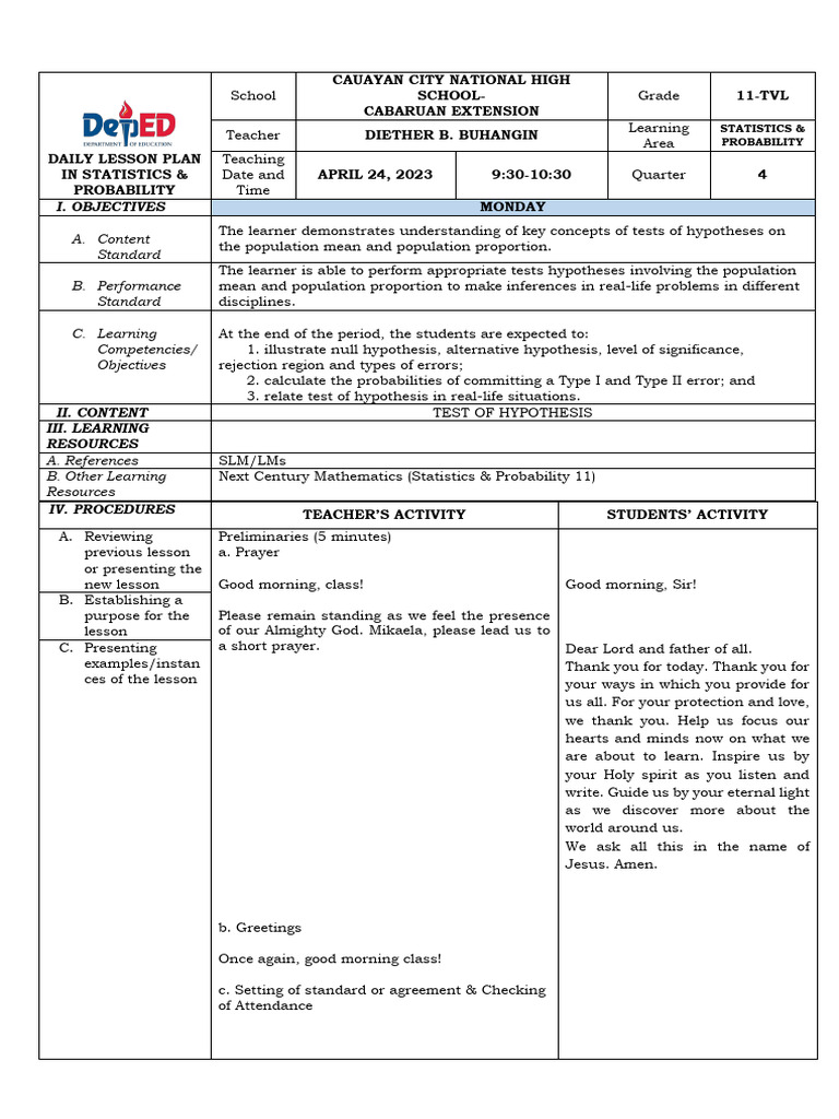 Grade 11 Statistics Lesson Plan | PDF | Statistical Significance | Type ...