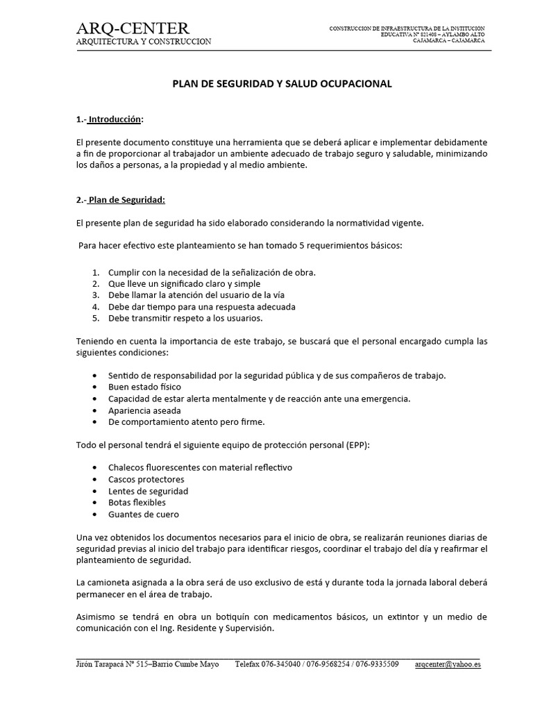 Plan de Seguridad y Salud Ocupacional | PDF