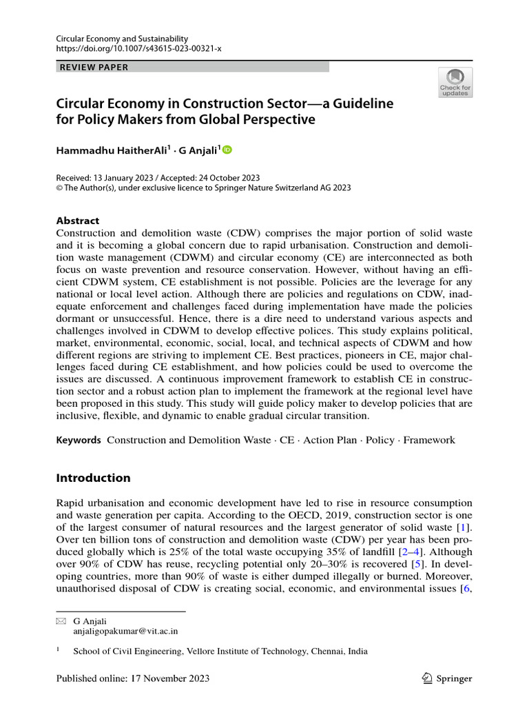 Circular Economy in Construction Sector A Guideline For Policy Makers ...