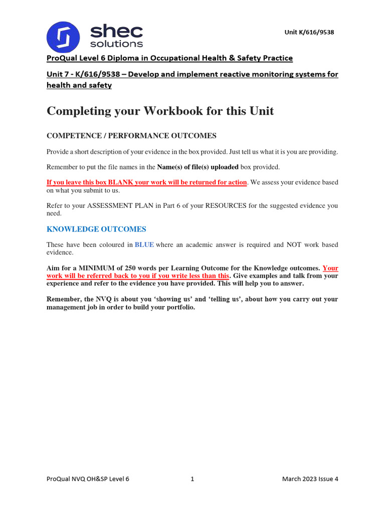 Unit 7-Develop and Implement Reactive Monitoring Systems For Health and Safety RG | PDF ...