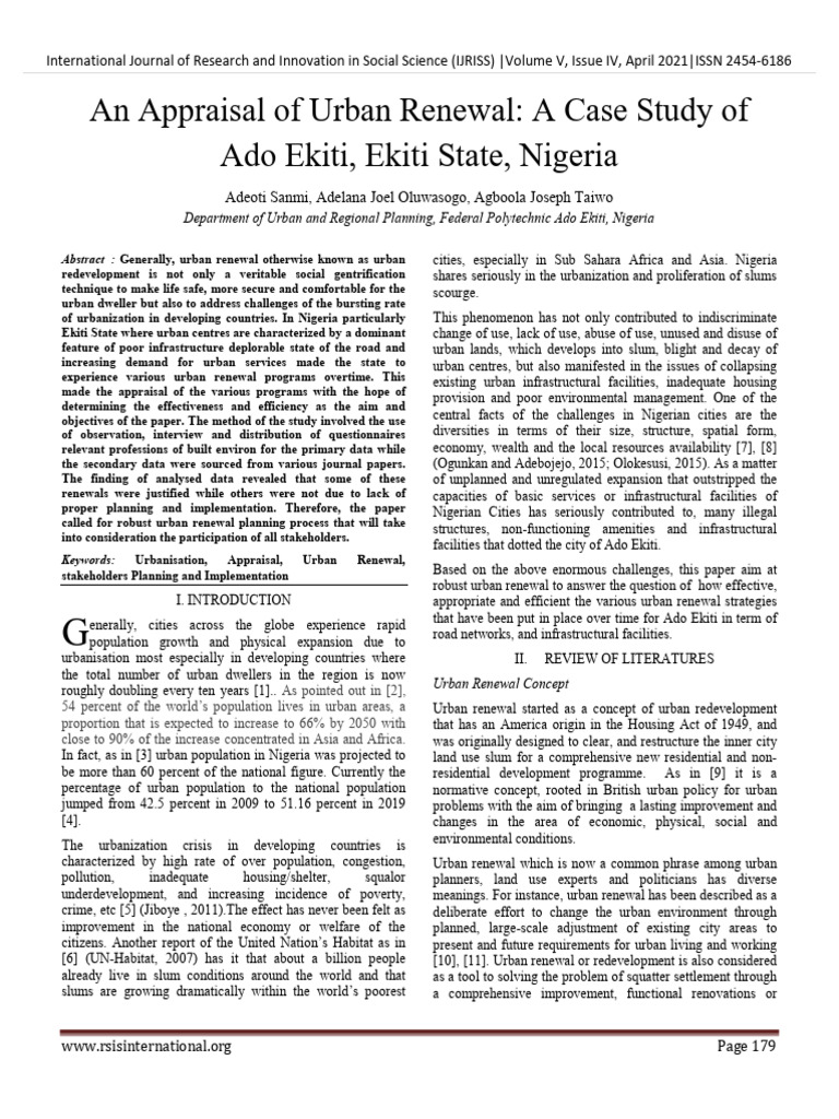An Appraisal of Urban Renewal: A Case Study of Ado Ekiti, Ekiti State ...