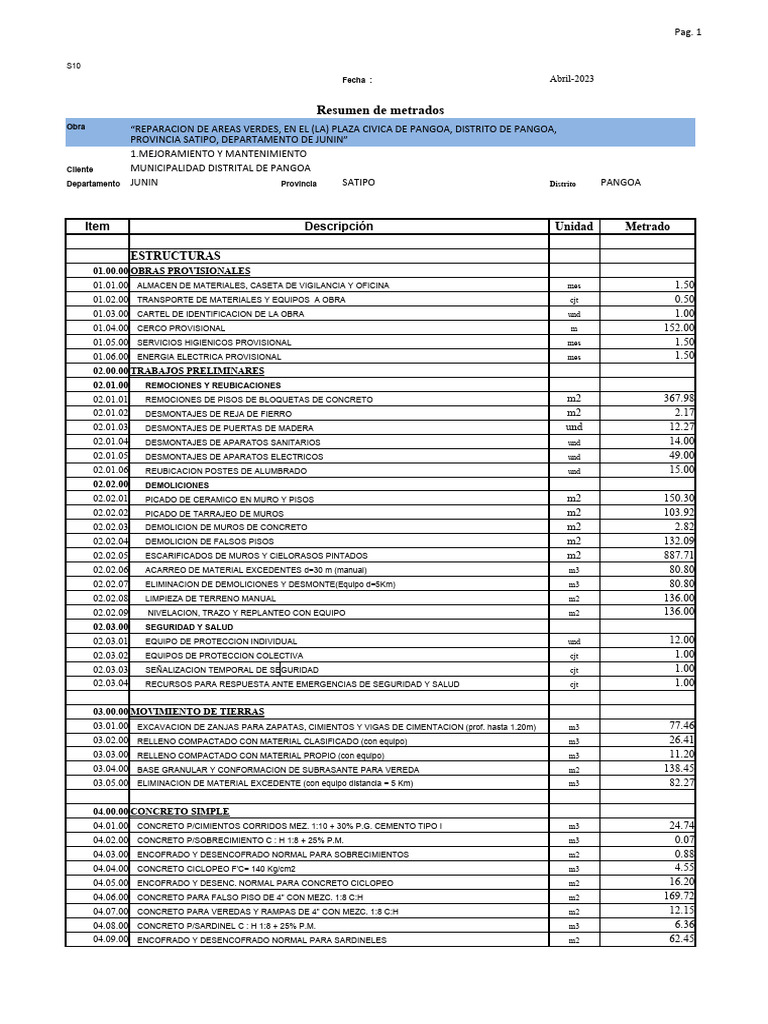 1 Metrados Mejoramiento y Mant. Plaza | PDF | Diseño arquitectonico | Arquitectura