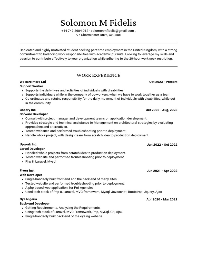 Solomon Fidelis (UK Part Time Roles) | PDF