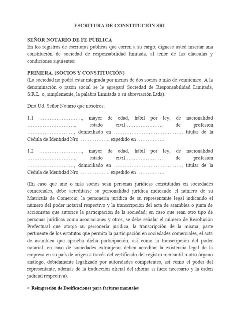 Escritura de Constitución SRL | PDF | Sociedad de responsabilidad limitada | Justicia