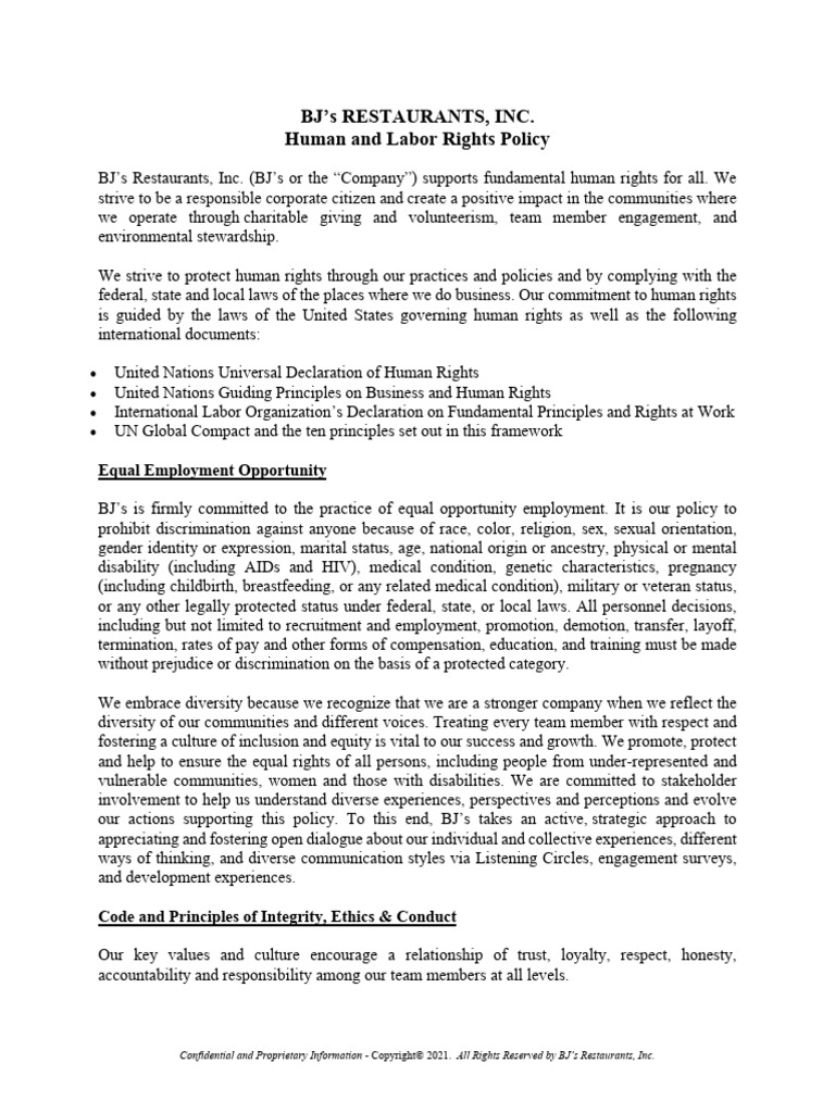 BJ's Human Rights and Labor Rights Policy 11192021 | PDF | Harassment ...