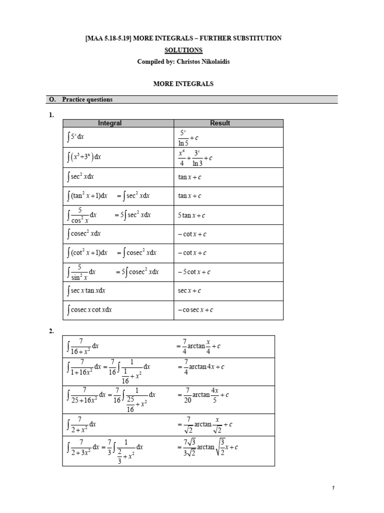 (Maa 5.18-5.19) More Integrals - Further Substitution - Solutions | PDF