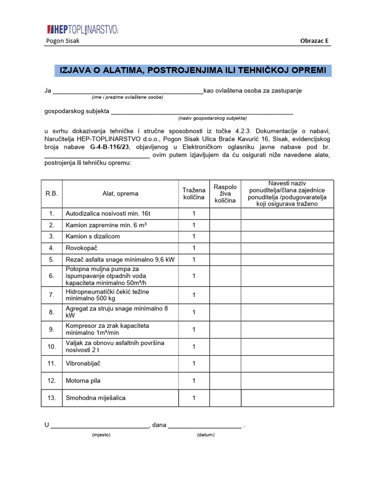 obrazac E-izjava o alatima | PDF