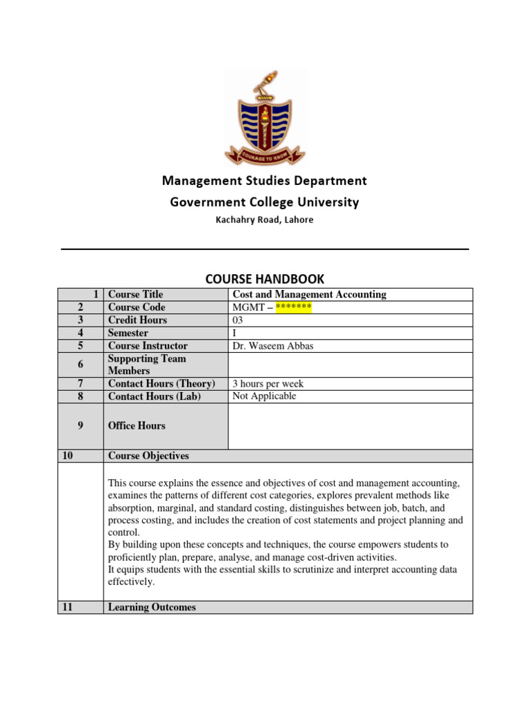 Cost and Management Accounting-Course Outline-II(1) | PDF