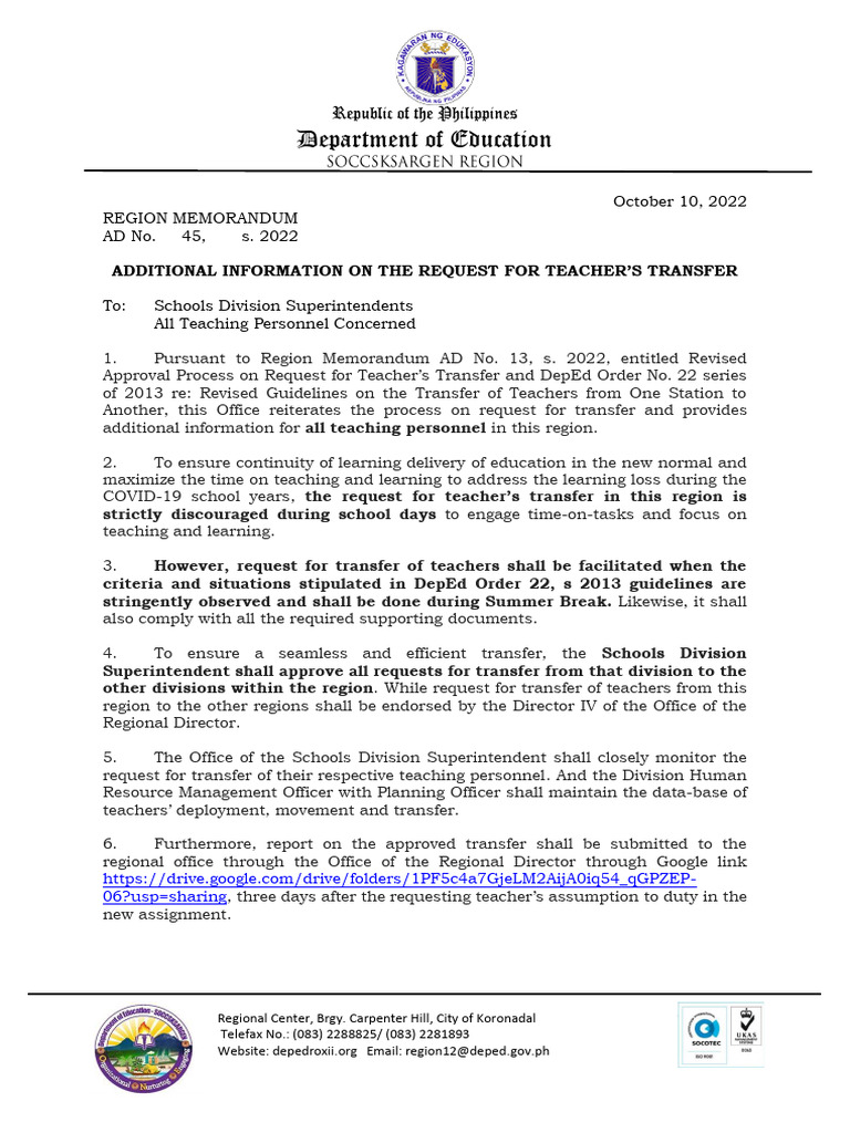 Region Memorandum Ad 45 Additional Information On The Request For Teachers Transfer | PDF ...