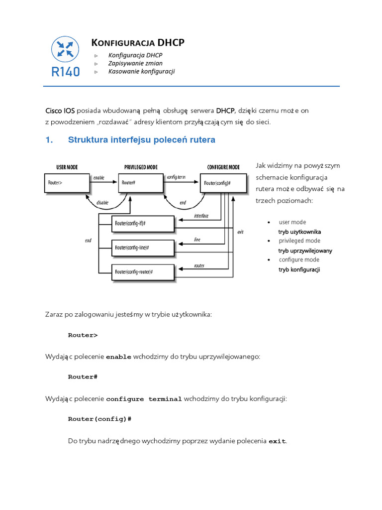 R140 Cisco - Konfiguracja DHCP | PDF