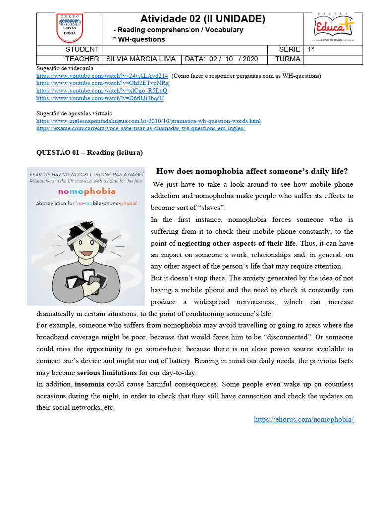 Atividade02 Nomophobia 1 II Unidade | PDF | Human Communication