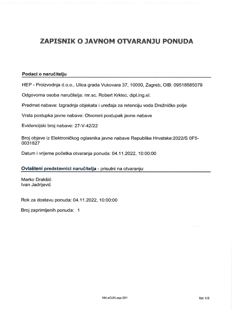 27-V-42-22 Zapisnik o Otvaranju Ponuda | PDF