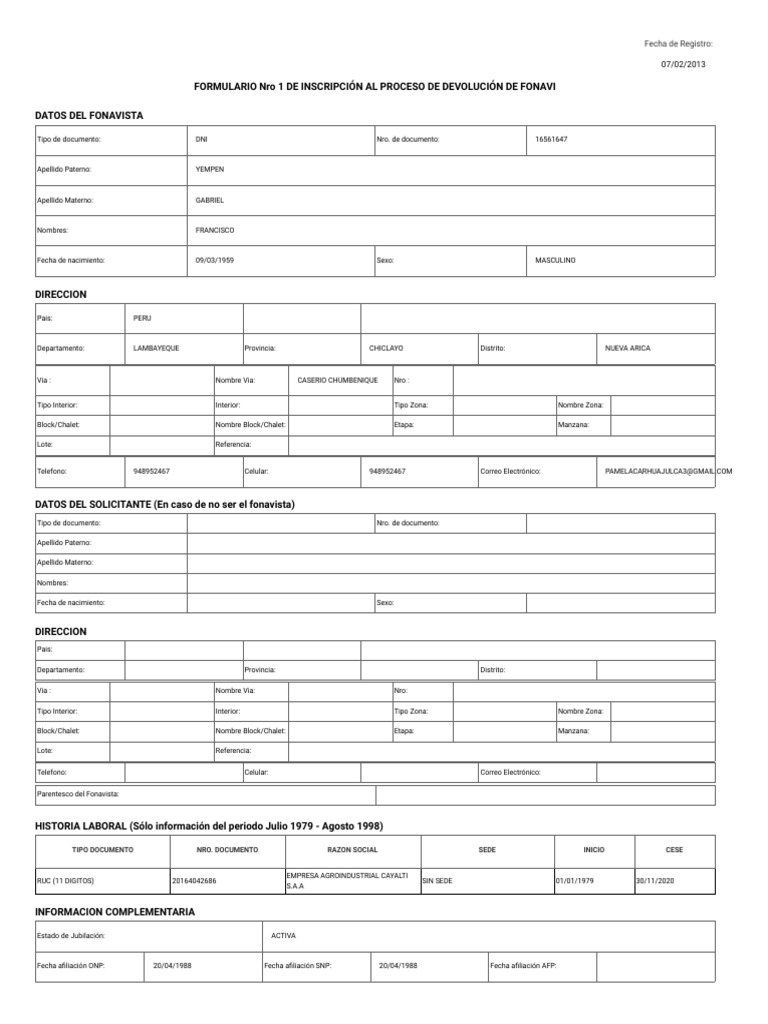 Formulario Nro 1 de Inscripcion Al Proceso de Devolucion de Fonavi | PDF