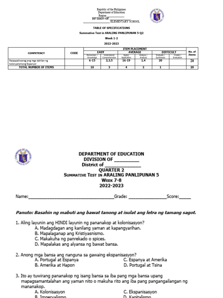 St1 - Araling Panlipunan 5 - q2 | PDF