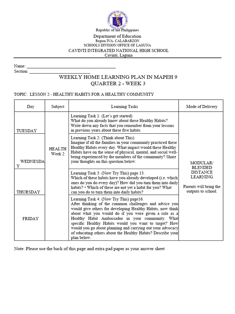 WHLP Mapeh9 Q2 W3 | PDF | Learning | Cognition