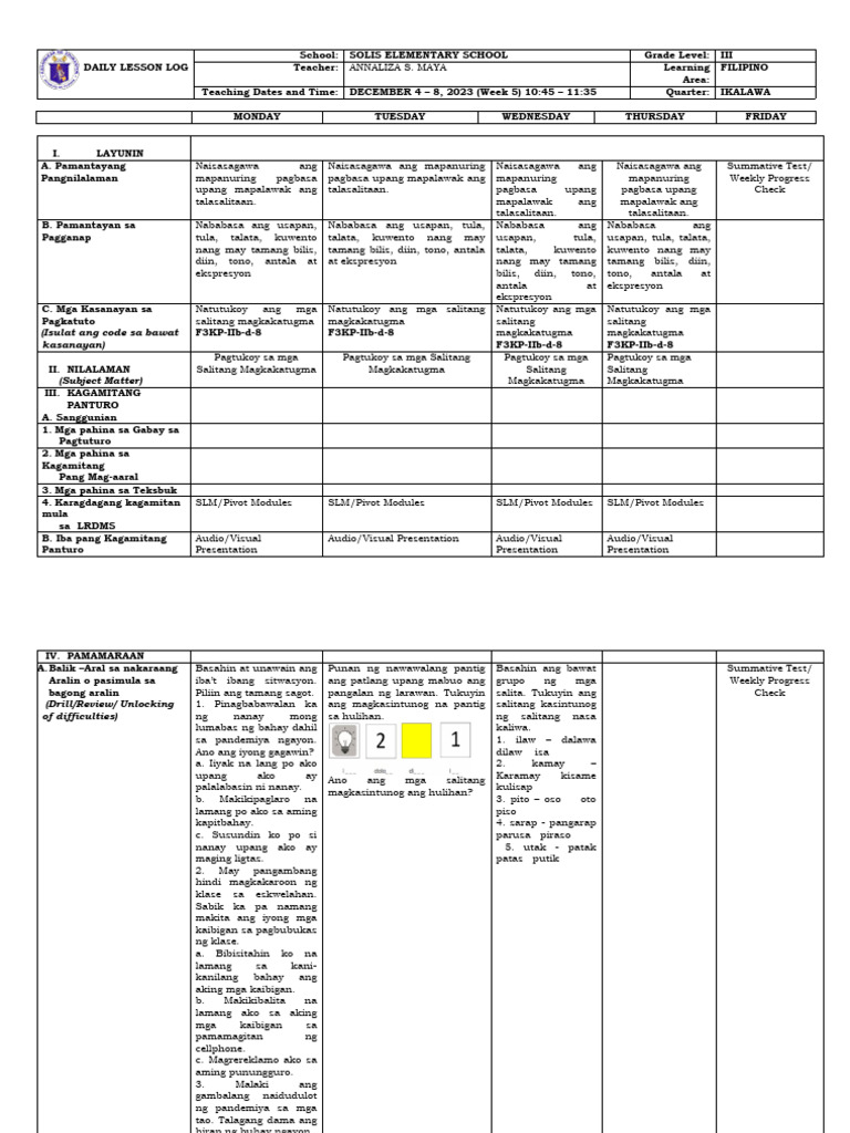 DLL Filipino3 Q2 W5 | PDF