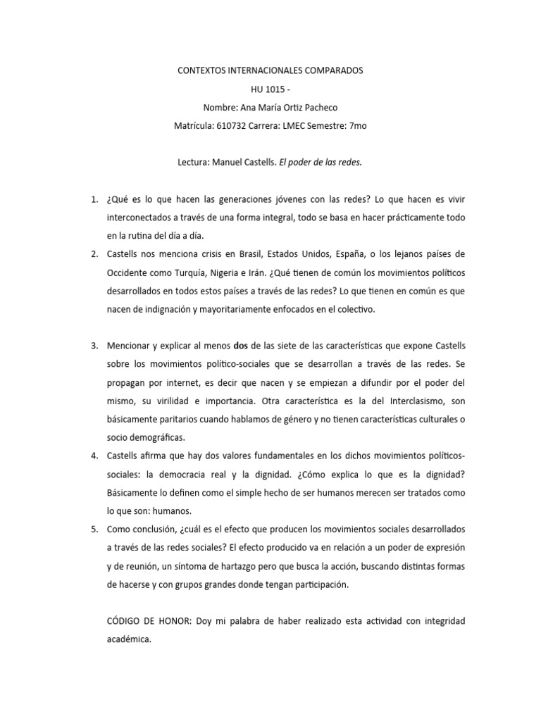 CASTELLS, Manuel. Examen El Poder de Las Redes. | PDF