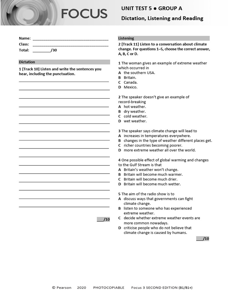 Focus3_2E_Unit_Test_Dictation_Listening_Reading_Unit5_GroupA | PDF ...